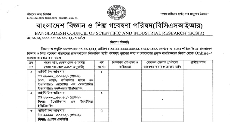 BCSIR Job Circular 2022- bcsir15.teletalk.com.bd